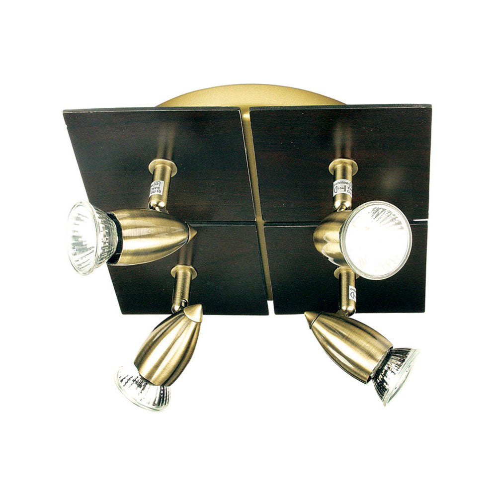 Den.4Lt Antique Brass & Walnut 4 Light GU10 Spotlight